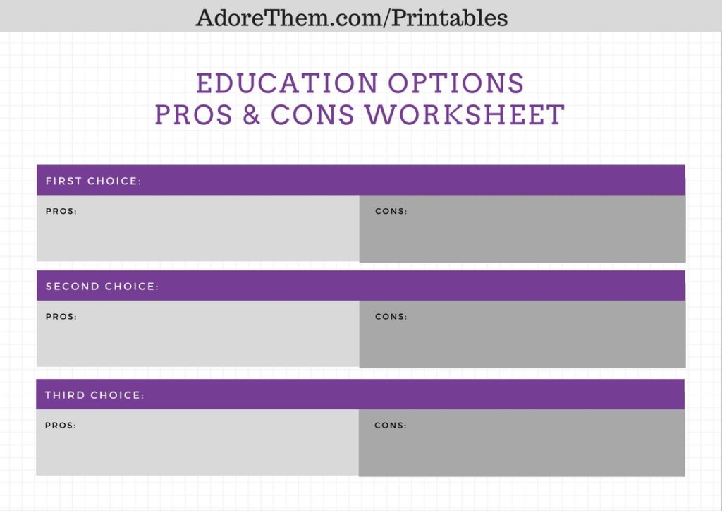 School Options Pros & Cons Worksheet (free printable) - Adore Them ...