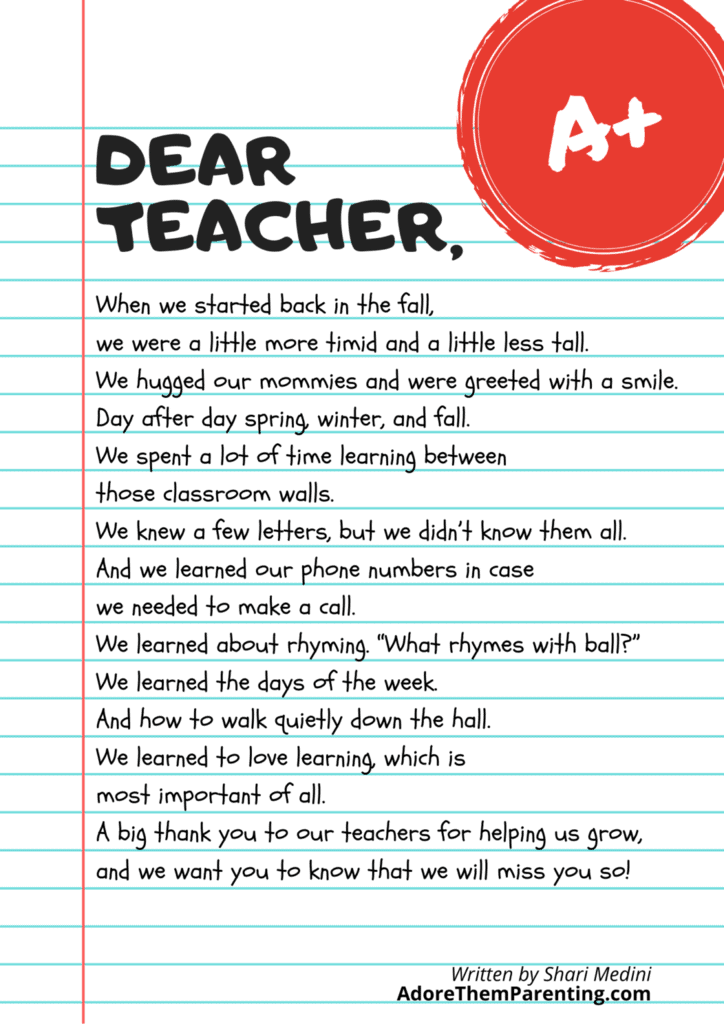 Free Printable Teacher Poem – A Year End Thank You! - Adore Them Parenting